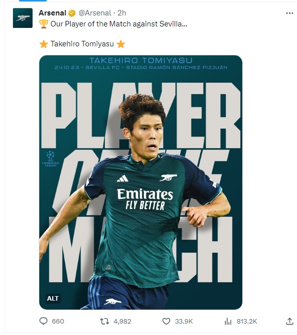 KJCLUB - 冨安がCLでアーセナル公式のMOM獲得